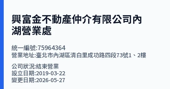 興富金不動產仲介有限公司內湖營業處的照片-統編 75964364(臺北市) 公司登記資料與營業項目詳細圖表
