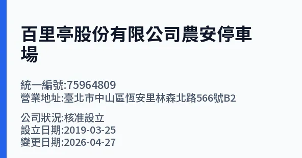 百里亭股份有限公司農安停車場的照片-統編 75964809(臺北市) 公司登記資料與營業項目詳細圖表