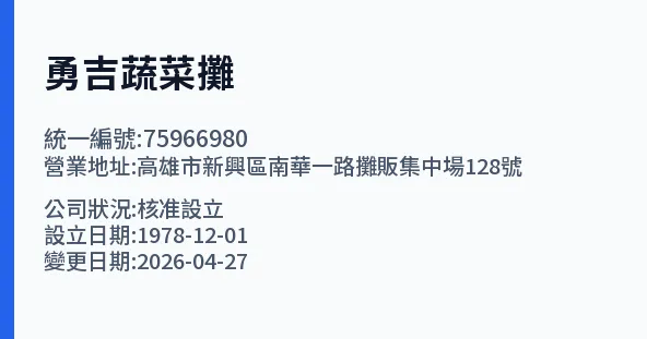 勇吉蔬菜攤的照片-統編 75966980(高雄市) 公司登記資料與營業項目詳細圖表