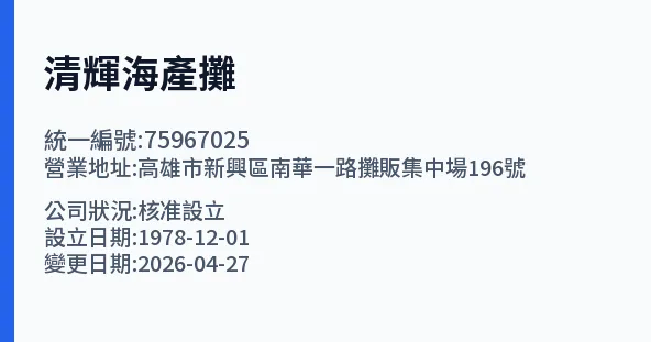 清輝海產攤的照片-統編 75967025(高雄市) 公司登記資料與營業項目詳細圖表