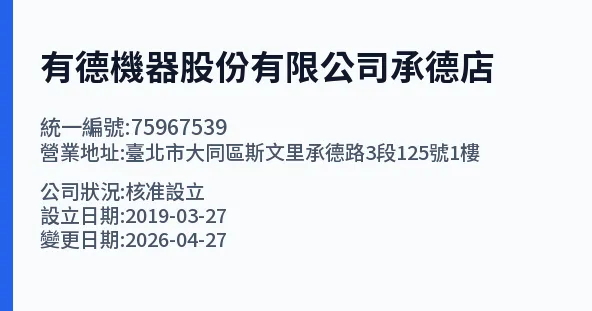 有德機器股份有限公司承德店的照片-統編 75967539(臺北市) 公司登記資料與營業項目詳細圖表