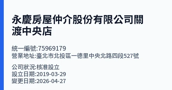 永慶房屋仲介股份有限公司關渡中央店的照片-統編 75969179(臺北市) 公司登記資料與營業項目詳細圖表