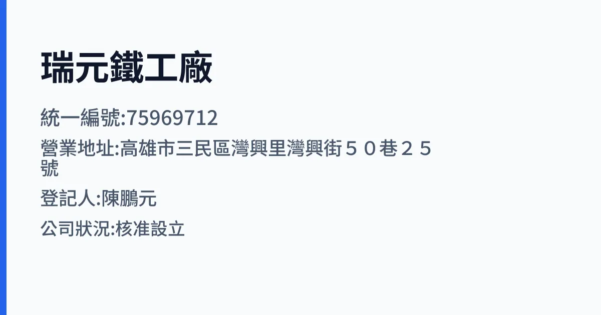 瑞元鐵工廠 - 統編 75969712(高雄市) 公司登記資料與營業項目詳細圖表