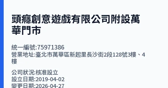 頭癮創意遊戲有限公司附設萬華門市的照片-統編 75971386(臺北市) 公司登記資料與營業項目詳細圖表