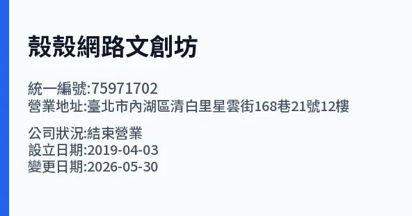殼殼網路文創坊的照片-統編 75971702(臺北市) 公司登記資料與營業項目詳細圖表