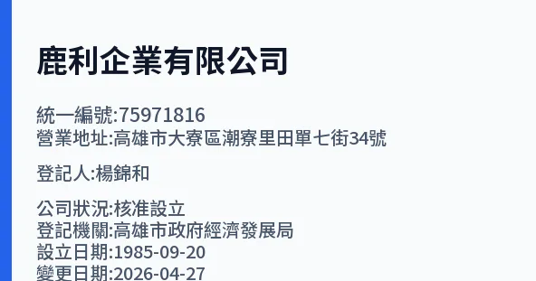 鹿利企業有限公司的照片-統編 75971816(高雄市) 公司登記資料與營業項目詳細圖表