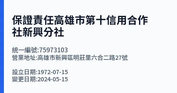 保證責任高雄市第十信用合作社新興分社的照片-統編 75973103(高雄市) 公司登記資料與營業項目詳細圖表