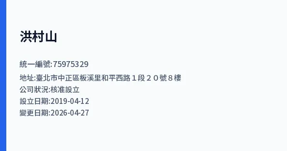 洪村山的照片-統編 75975329(臺北市) 公司登記資料與營業項目詳細圖表