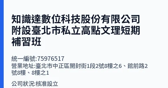 知識達數位科技股份有限公司附設臺北市私立高點文理短期補習班的照片-統編 75976517(臺北市) 公司登記資料與營業項目詳細圖表
