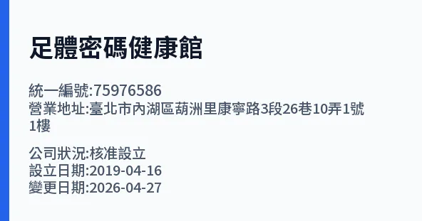 足體密碼健康館的照片-統編 75976586(臺北市) 公司登記資料與營業項目詳細圖表