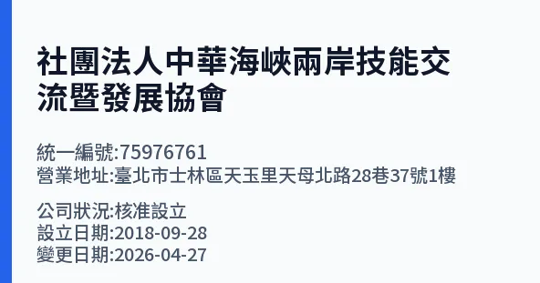 社團法人中華海峽兩岸技能交流暨發展協會的照片-統編 75976761(臺北市) 公司登記資料與營業項目詳細圖表