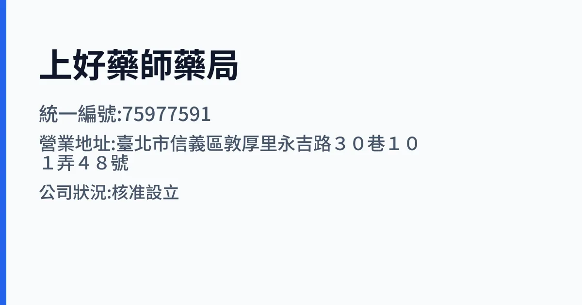 上好藥師藥局 - 統編 75977591(臺北市) 公司登記資料與營業項目詳細圖表
