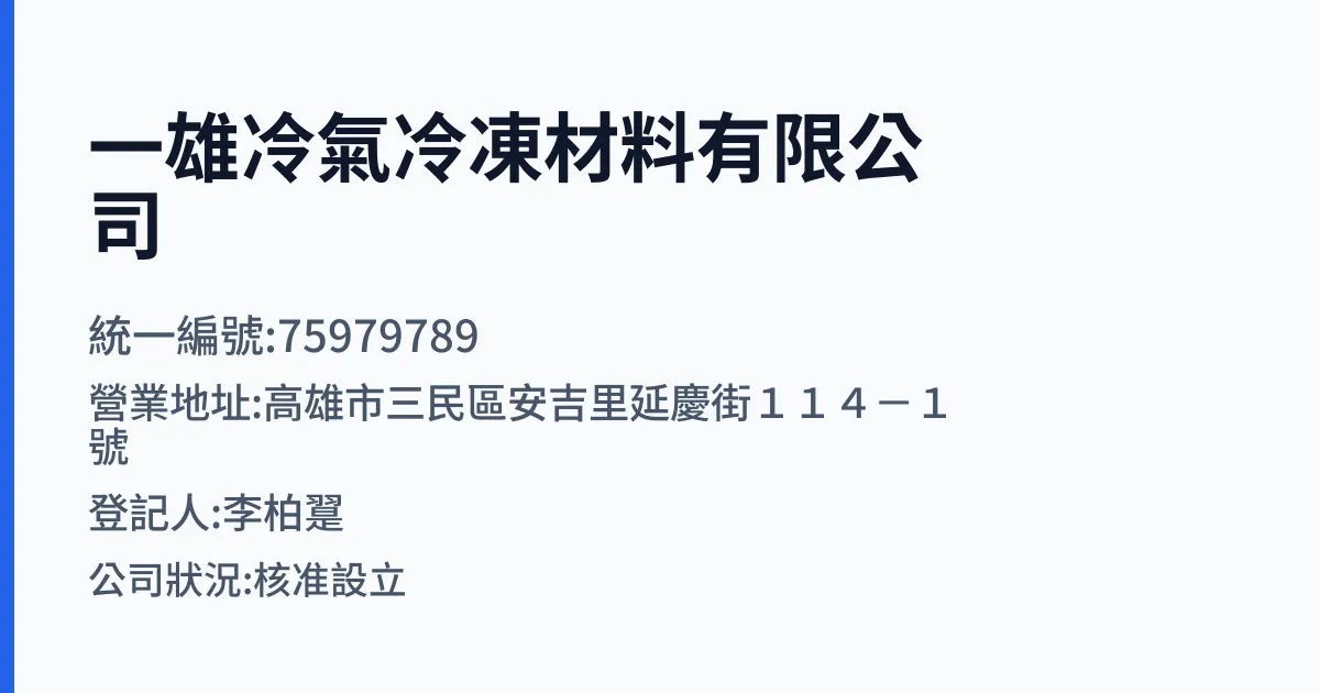 一雄冷氣冷凍材料有限公司 - 統編 75979789(高雄市) 公司登記資料與營業項目詳細圖表