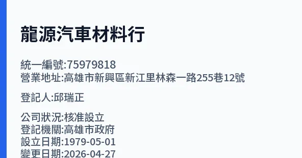 龍源汽車材料行的照片-統編 75979818(高雄市) 公司登記資料與營業項目詳細圖表