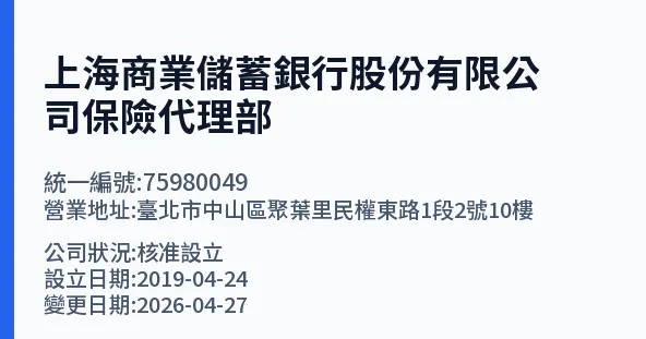 上海商業儲蓄銀行股份有限公司保險代理部的照片-統編 75980049(臺北市) 公司登記資料與營業項目詳細圖表