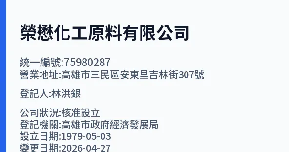 榮懋化工原料有限公司的照片-統編 75980287(高雄市) 公司登記資料與營業項目詳細圖表