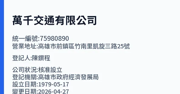 萬千交通有限公司的照片-統編 75980890(高雄市) 公司登記資料與營業項目詳細圖表