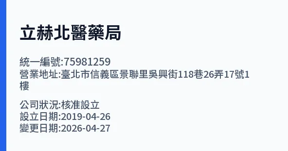 立赫北醫藥局的照片-統編 75981259(臺北市) 公司登記資料與營業項目詳細圖表