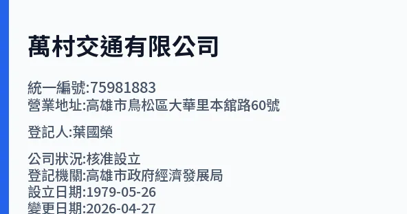 萬村交通有限公司的照片-統編 75981883(高雄市) 公司登記資料與營業項目詳細圖表