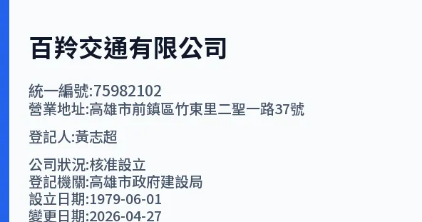 百羚交通有限公司的照片-統編 75982102(高雄市) 公司登記資料與營業項目詳細圖表