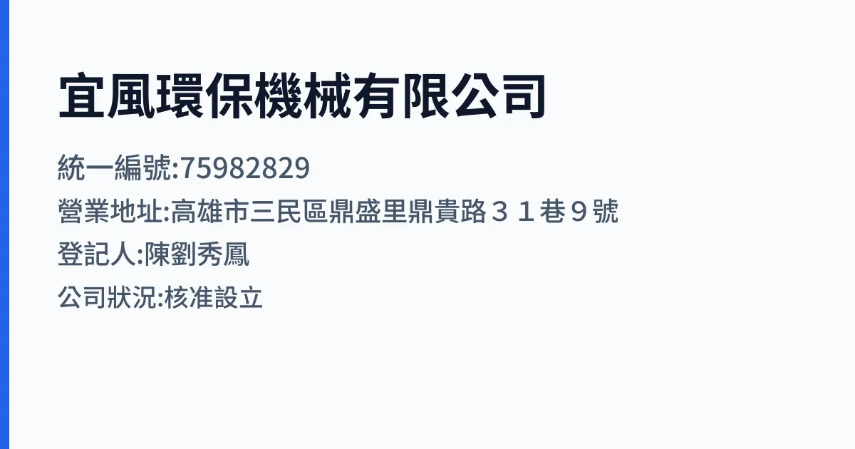 宜風環保機械有限公司 - 統編 75982829(高雄市) 公司登記資料與營業項目詳細圖表