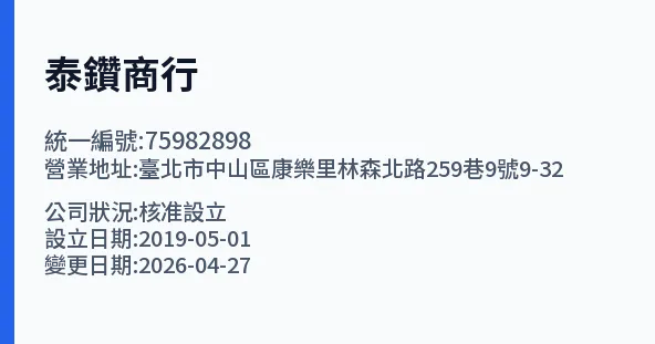 泰鑽商行的照片-統編 75982898(臺北市) 公司登記資料與營業項目詳細圖表