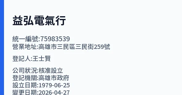 益弘電氣行的照片-統編 75983539(高雄市) 公司登記資料與營業項目詳細圖表