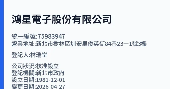 鴻星電子股份有限公司的照片-統編 75983947(新北市) 公司登記資料與營業項目詳細圖表