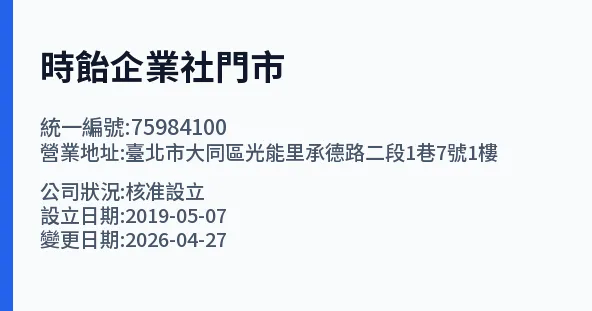 時飴企業社門市的照片-統編 75984100(臺北市) 公司登記資料與營業項目詳細圖表
