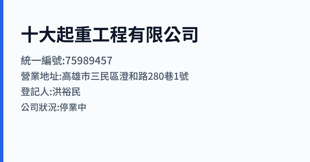 十大起重工程有限公司 - 統編 75989457(高雄市) 公司登記資料與營業項目詳細圖表