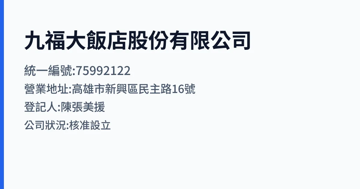 九福大飯店股份有限公司 - 統編 75992122(高雄市) 公司登記資料與營業項目詳細圖表