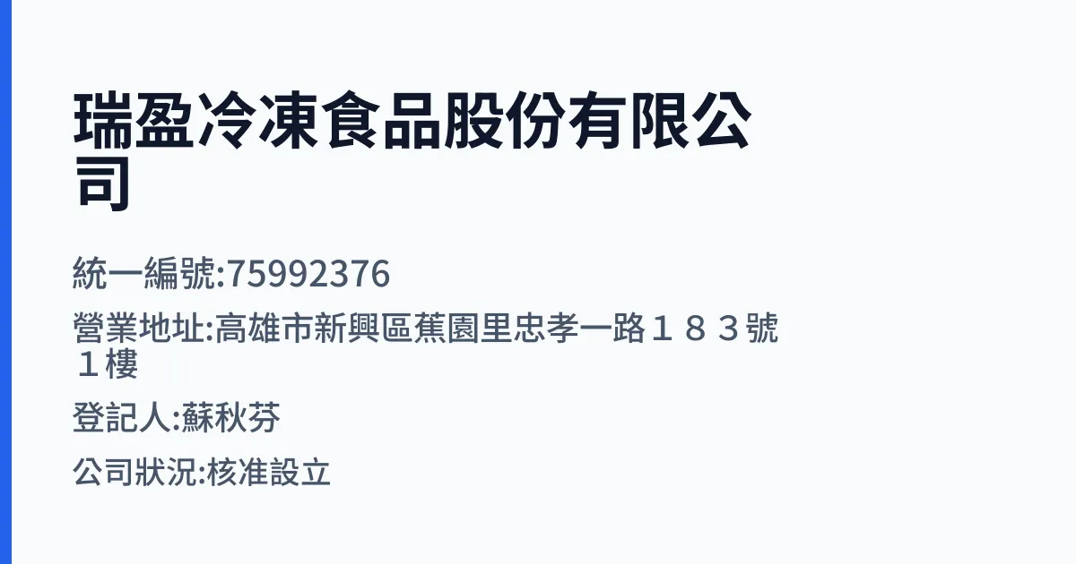 瑞盈冷凍食品股份有限公司 - 統編 75992376(高雄市) 公司登記資料與營業項目詳細圖表