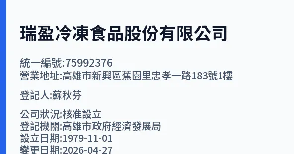 瑞盈冷凍食品股份有限公司的照片-統編 75992376(高雄市) 公司登記資料與營業項目詳細圖表