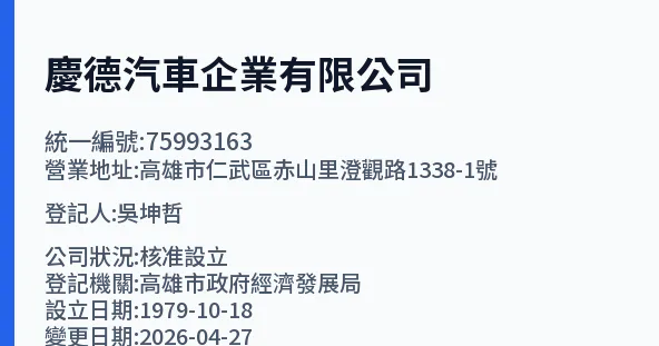 慶德汽車企業有限公司的照片-統編 75993163(高雄市) 公司登記資料與營業項目詳細圖表
