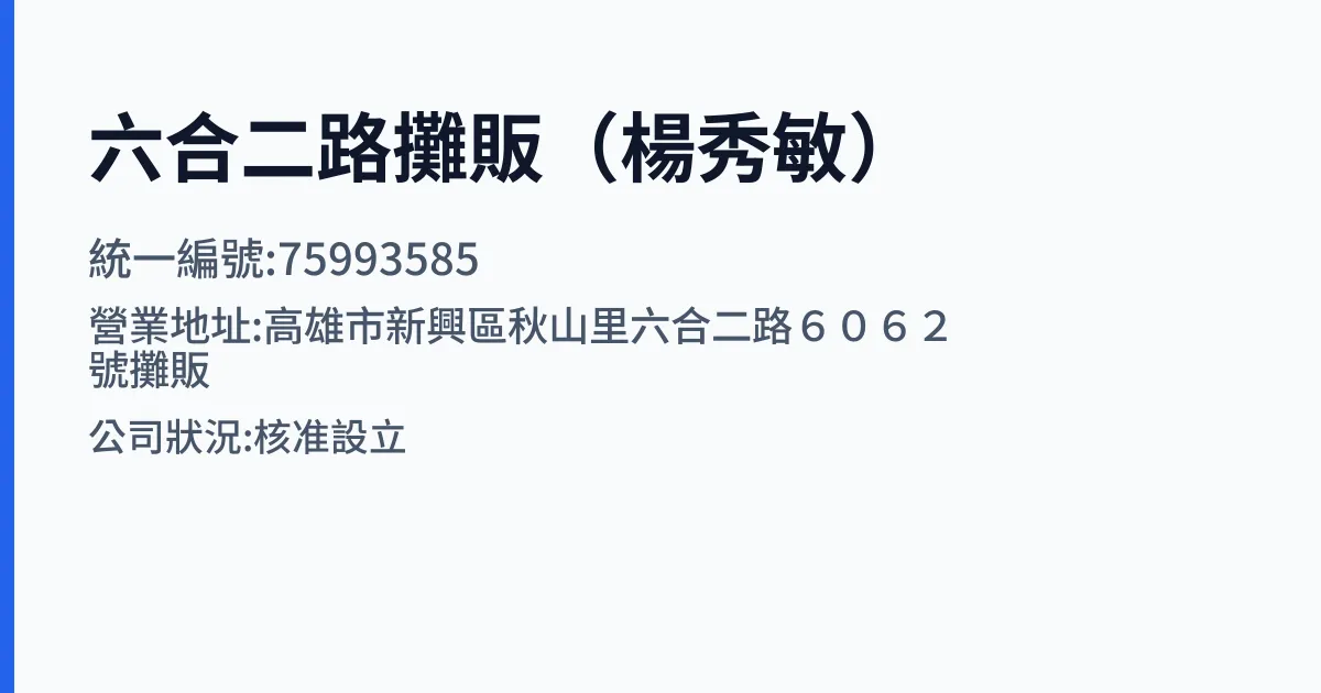 六合二路攤販（楊秀敏） - 統編 75993585(高雄市) 公司登記資料與營業項目詳細圖表