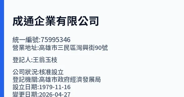 成通企業有限公司的照片-統編 75995346(高雄市) 公司登記資料與營業項目詳細圖表