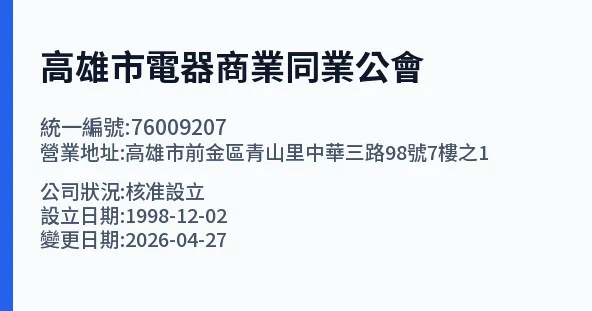 高雄市電器商業同業公會的照片-統編 76009207(高雄市) 公司登記資料與營業項目詳細圖表