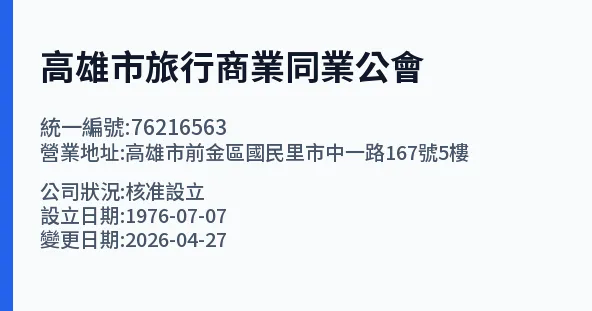 高雄市旅行商業同業公會的照片-統編 76216563(高雄市) 公司登記資料與營業項目詳細圖表