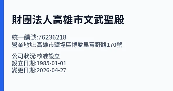 財團法人高雄市文武聖殿的照片-統編 76236218(高雄市) 公司登記資料與營業項目詳細圖表