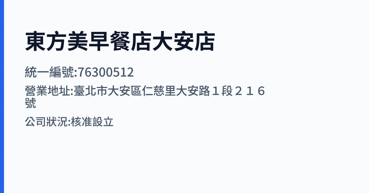 東方美早餐店大安店 - 統編 76300512(臺北市) 公司登記資料與營業項目詳細圖表