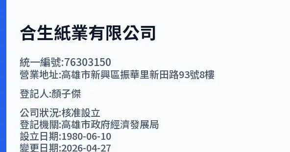合生紙業有限公司的照片-統編 76303150(高雄市) 公司登記資料與營業項目詳細圖表