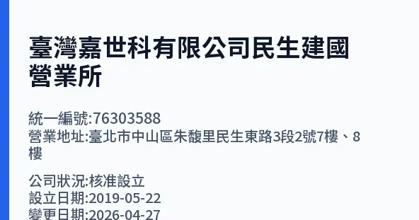 臺灣嘉世科有限公司民生建國營業所的照片-統編 76303588(臺北市) 公司登記資料與營業項目詳細圖表