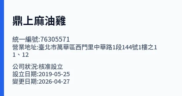 鼎上麻油雞的照片-統編 76305571(臺北市) 公司登記資料與營業項目詳細圖表
