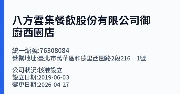 八方雲集餐飲股份有限公司御廚西園店的照片-統編 76308084(臺北市) 公司登記資料與營業項目詳細圖表