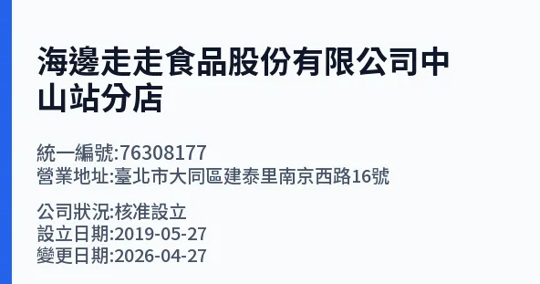 海邊走走食品股份有限公司中山站分店的照片-統編 76308177(臺北市) 公司登記資料與營業項目詳細圖表