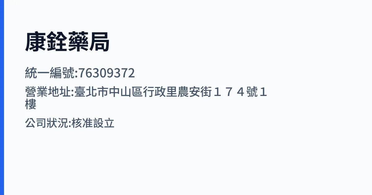 康銓藥局 - 統編 76309372(臺北市) 公司登記資料與營業項目詳細圖表
