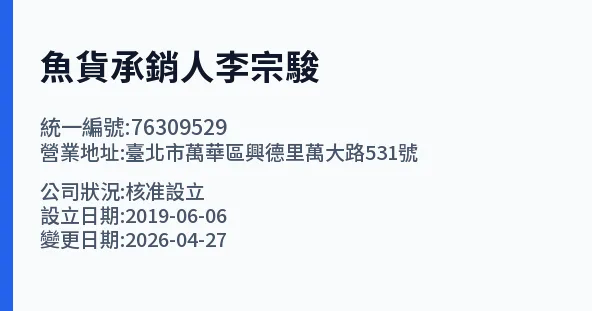 魚貨承銷人李宗駿的照片-統編 76309529(臺北市) 公司登記資料與營業項目詳細圖表