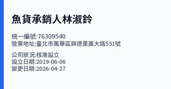 魚貨承銷人林淑鈴的照片-統編 76309540(臺北市) 公司登記資料與營業項目詳細圖表