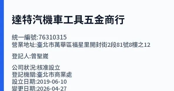 達特汽機車工具五金商行的照片-統編 76310315(臺北市) 公司登記資料與營業項目詳細圖表