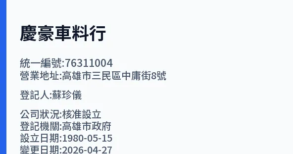 慶豪車料行的照片-統編 76311004(高雄市) 公司登記資料與營業項目詳細圖表